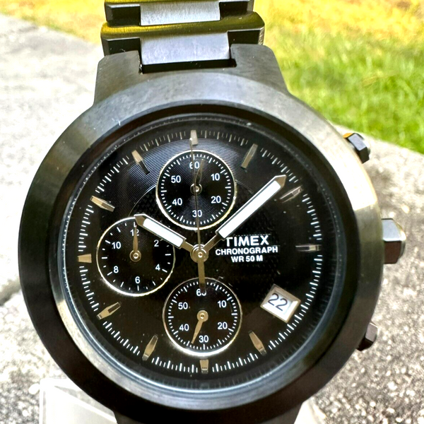 2000 Timex Chronograph Analogue Watch men black pvd triple date wr50m ...