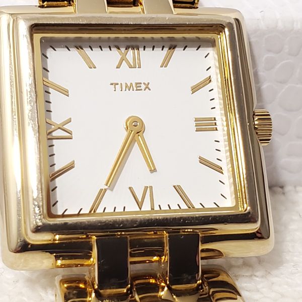 Vintage Timex Women's Tank Gold Tone Watch White Dial Roman Numerals S ...