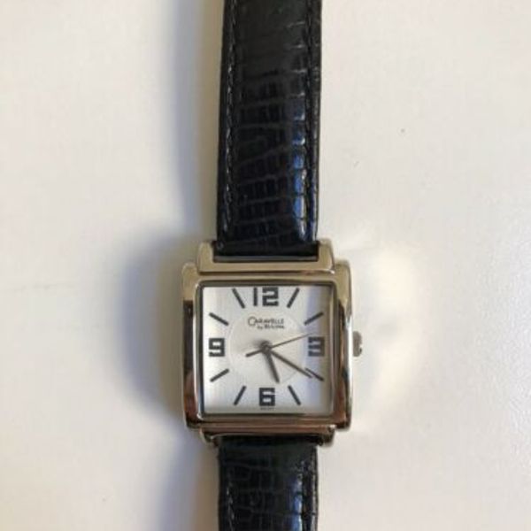 Vintage Caravelle by Bulova Ladies Square Analog Watch A5 Black Leather ...