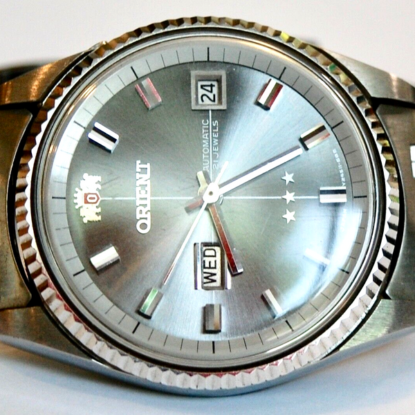 Vintage ORIENT 3 star 21 jewels Automatic Wristwatch GREY DIAL DAY DATE ...