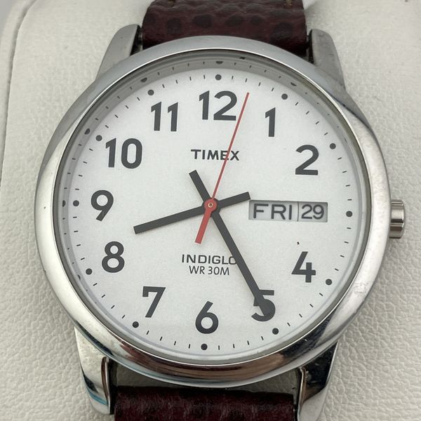 TIMEX Men 35mm Watch EASY READER Red Leather Silver Dial Day/Date ...