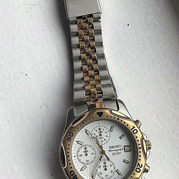 Rare Seiko Quartz SQ 100 Chronograph Men's two tone Watch V657-7030 not ...