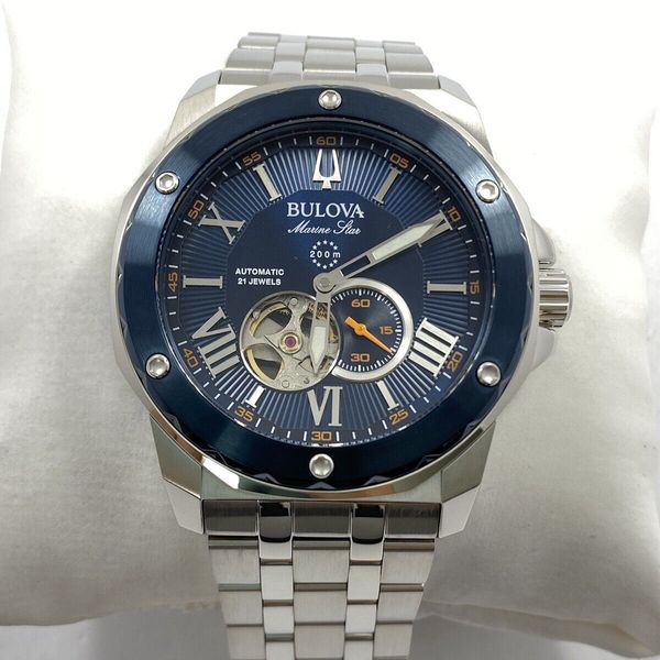 Bulova Marine Star Automatic Blue Skeleton Dial Steel Men's Watch ...