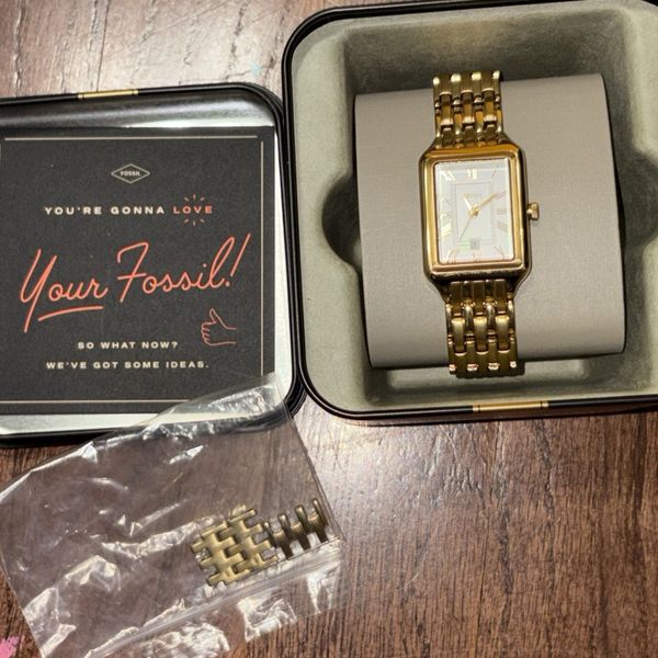 NEW FOSSIL 23mm Raquel Three-Hand Date Gold-Tone Stainless Steel Watch ...