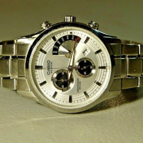 MENS CASIO BESIDE SILVER FACE BEM 501 CHRONOGRAPH WATCH JAPAN 4358 ...