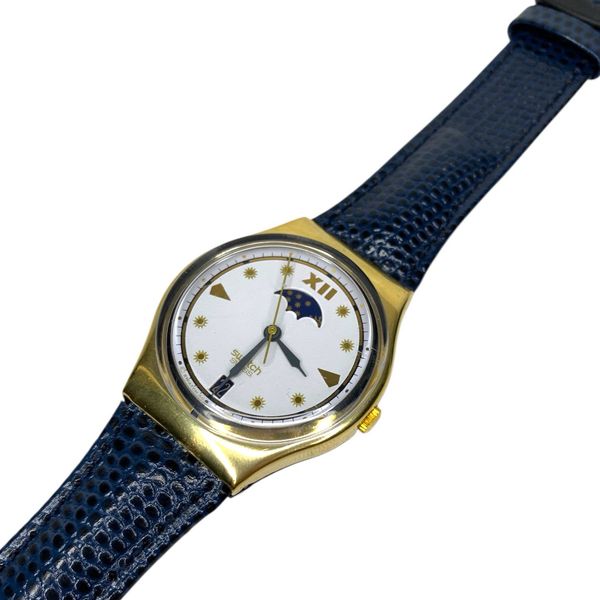 SWATCH GX709 Moon Phase CEO Watch 1991 Gold Bezel Rare Swiss Quartz â ...