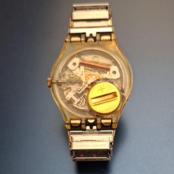 1990s Swatch watch - with gold expandable bracelet and display box ...