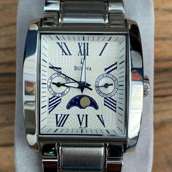 Bulova 96C26 Square / Rectangular Moon Phase Watch Stainless Steel ...