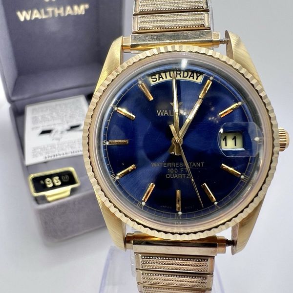 Vintage New Old Stock Waltham President Fluted Bezel Day Date Blue Dial ...