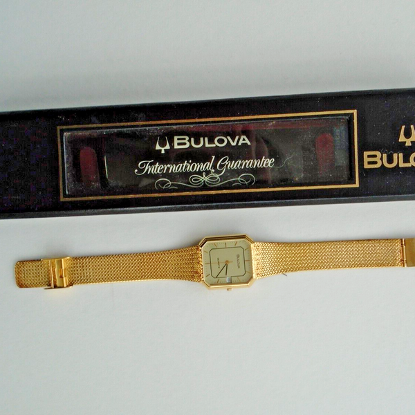 Bulova mens quartz watch. Gold tone. Unworn in box. About 1990 ...