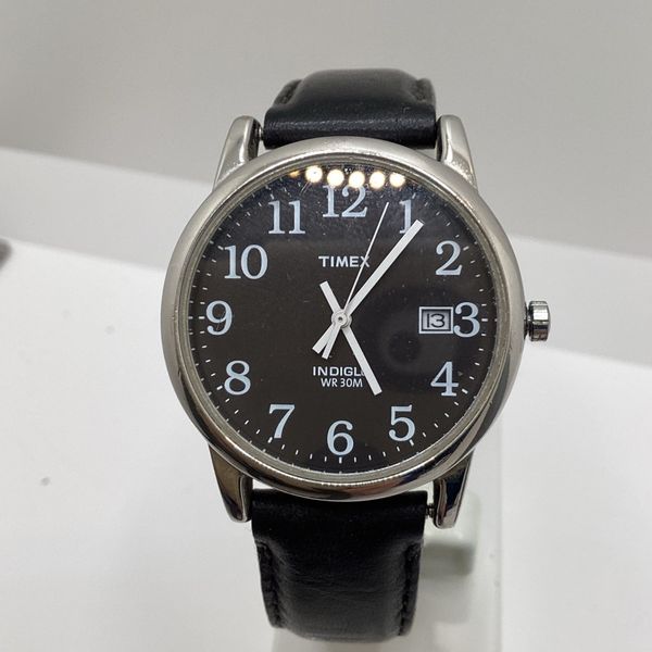 Timex Indiglo Men Easy Reader Black Dial Date Leather Quartz Watch New ...