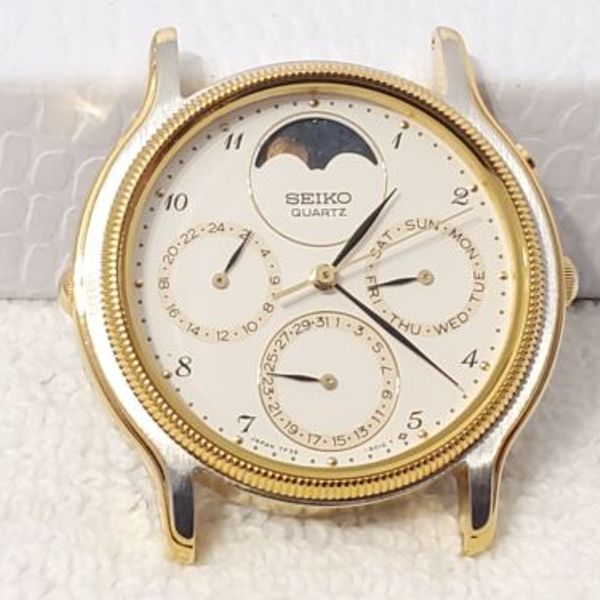 Vintage Seiko Men Moon Phase Day Date Month Watch S Steel Gold Tone ...