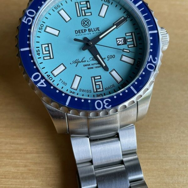 DEEP BLUE ALPHA MARINE 500 T100 SWISS ETA AUTOMATIC FULL LUME TRIT BLUE ...