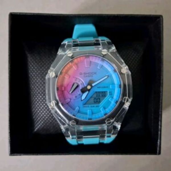Casio G-Shock GA-2100 Cyan Rainbow Dial Custom Casioak Case Mod NEW ...
