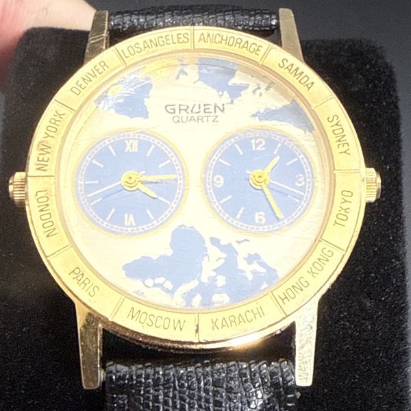 GRUEN Unisex Dual Time World Map Dial Gold Tone Black Leather Watch ...