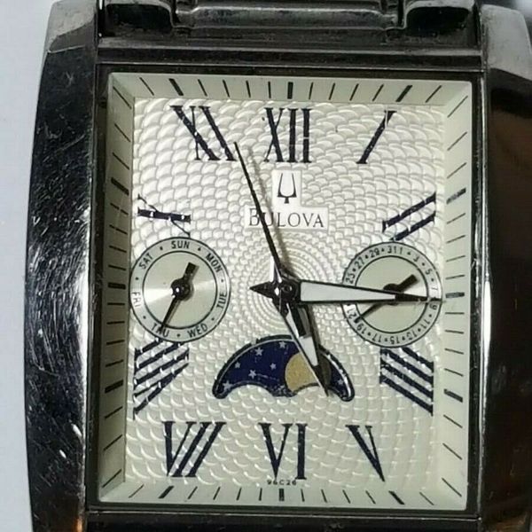 BULOVA MOON PHASE CALENDAR MENS WATCH 96C26 34mm Steel Rectangle FIX ...
