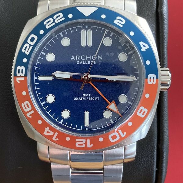 NWT! Archon Galleon (GN03) GMT Watch Stainless w/Navy, Water Resistant ...