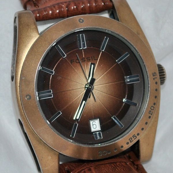 Fossil Copper Tone Stainless Watch w/Date Window Brown Leather Band JR ...
