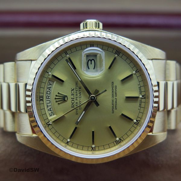 FS: Rolex 18038 18K YELLOW GOLD 36MM DAY DATE- CHAMPAGNE STICK ...