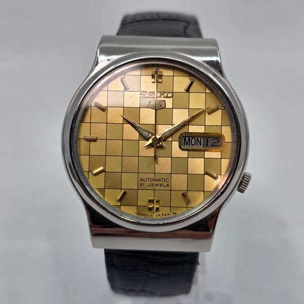 VG+ 1971 Seiko 5 Gold Checkered Dial 21j Day Date Automatic Mens Watch ...