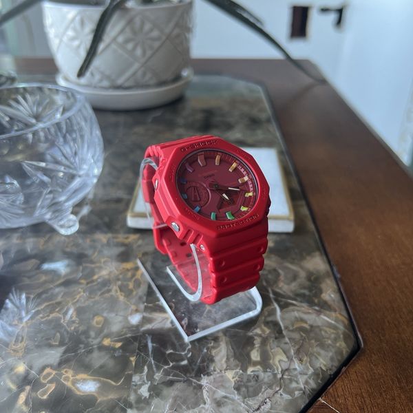 Custom Casio G-Shock GA-2100-1A1 Red & Rainbow Hour/Index Markers Mod ...