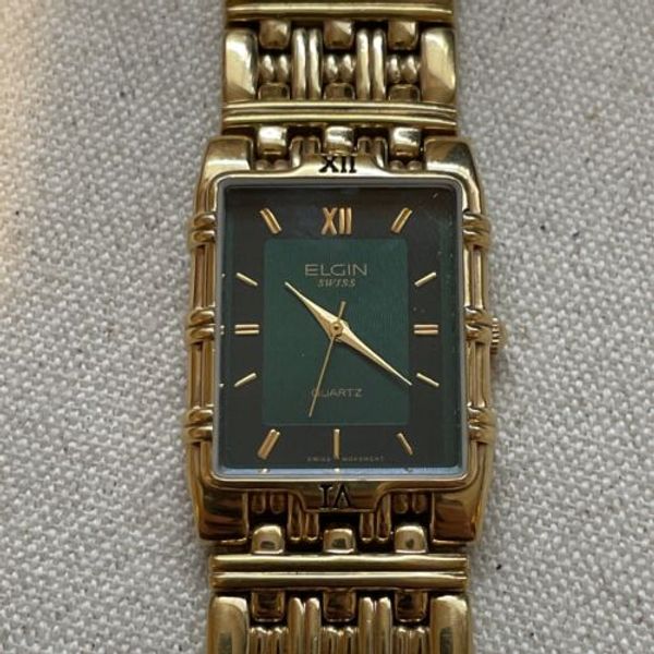 Vintage Elgin Tank Watch Men Gold Tone Green Dial 26mm Rectangle New ...