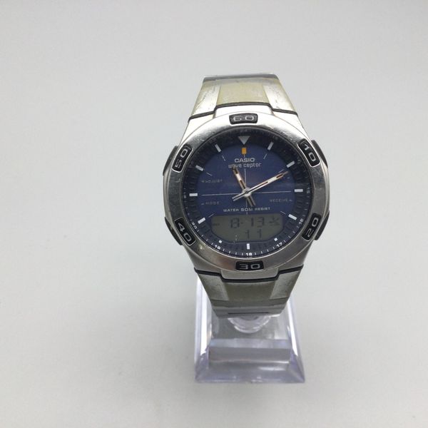 Casio Wave Ceptor Watch Men Silver Tone Blue 2735 WVA-105H New Battery ...