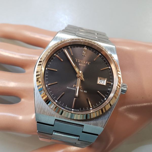 Tissot PRX Brown Unisex Adult Watch with 18K Rose Gold Fluted Bezel w ...