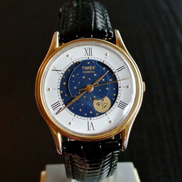 VINTAGE TIMEX M CELL ELEGANT MOON PHASE DIAL QUARTZ MEN'S GOLDEN BLK ...