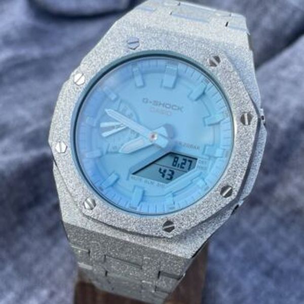 Custom Casio GA2100 â Casioakâ Blue Watch Face, Hands Frosted Silver ...