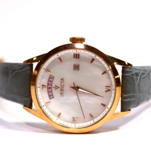 INVICTA 40MM Vintage Day & date Quartz Mother of Pearl Dial Leather ...