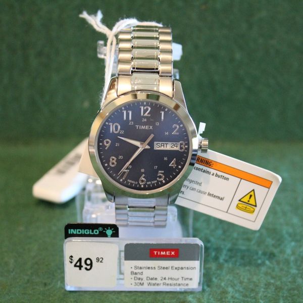 New Timex T2M933 Men's Watch Stainless Expansion Band Indiglo Blue Dial ...
