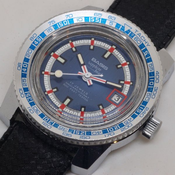 BASIS sapphire beach vintage diver watch with tachymeter rotating bazel ...