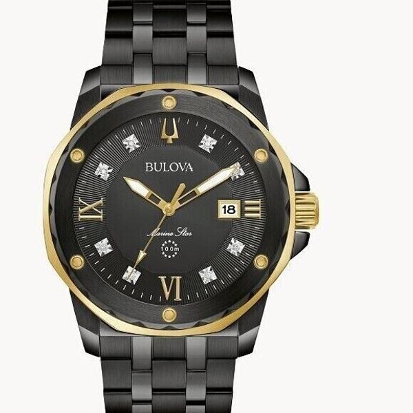 BULOVA $625 MEN'S MARINE STAR DIAMOND SILVER / GOLD BLACK DIAL DATE ...