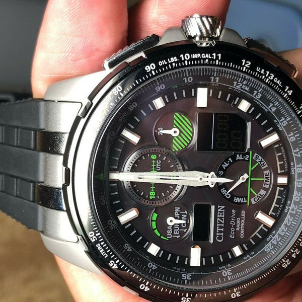 Citizen Backlit Eco-Drive Skyhawk AT Black Dial Green Accent Rubber ...