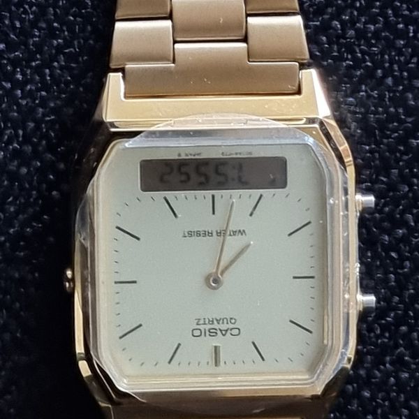 CASIO AQ230 QUARTZ WATCH BRUSHED GOLD DUAL LED DIAL & STAINLESS STEEL ...