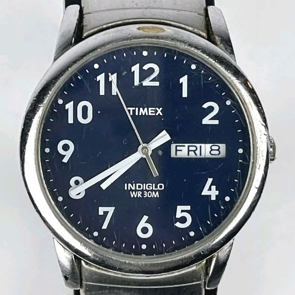 Timex Indiglo Watch Men's Easy Reader Day Date Blue Dial Expansion New ...