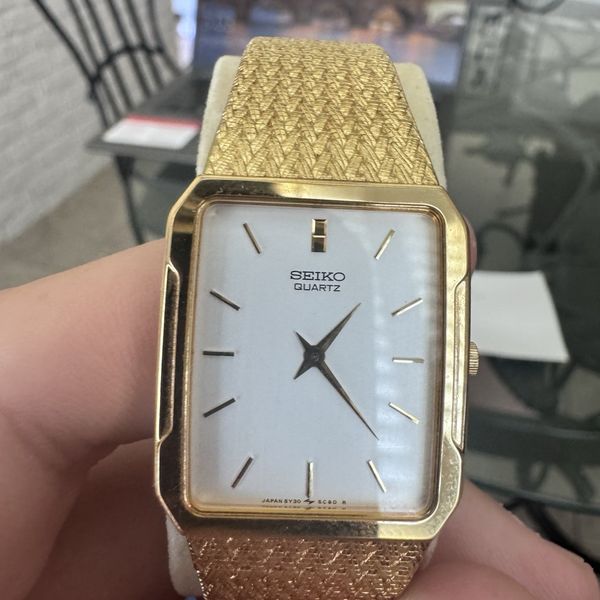 Seiko 5y30 Gold Menâ s Watch Dress Watch White Face Square ...