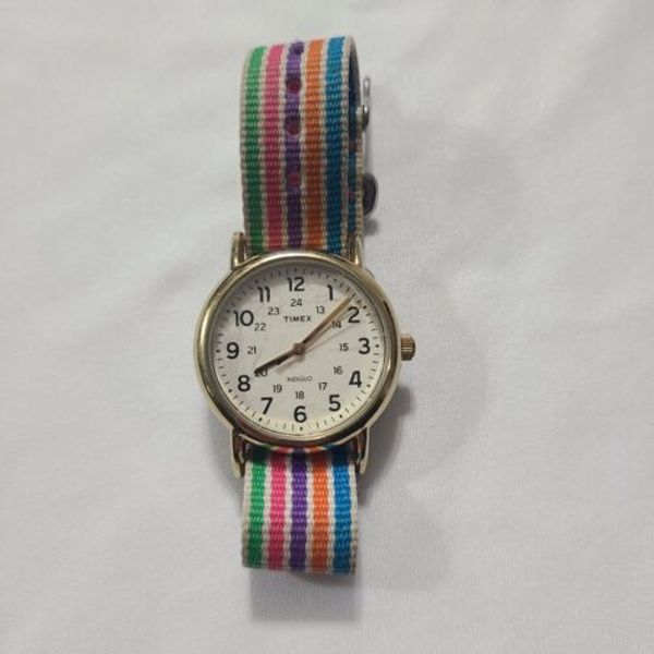 Timex Weekender Unisex Gold Tone Watch Indiglo Rainbow Band 90's Style ...