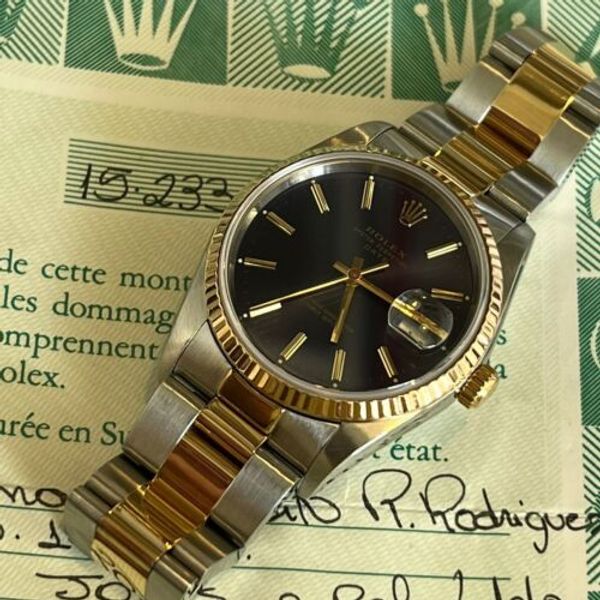 ROLEX DATE 34MM STAINLESS STEEL YELLOW GOLD 15223 BLUE DIAL CERTIFICATE ...