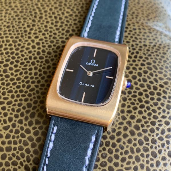 1975 Omega Blue Dial Manual Wind Rectangular Gold Tone Wristwatch ...