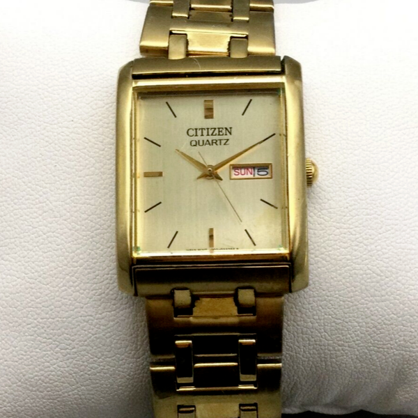 Vtg Citizen Tank Watch Men 25mm Gold Tone Dial Day Date New Battery 8. ...