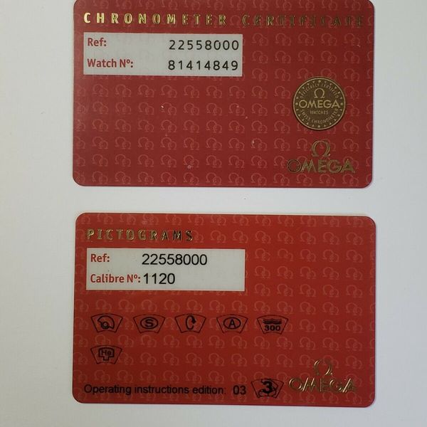 OMEGA CHRONOMETER CERTIFICATE AND PICTOGRAMS CARD SET 2255.80 CAL 1120 ...