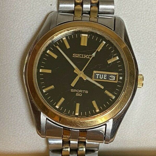Seiko Sports 50 Black Dial Day/Date Watch-New Battery | WatchCharts