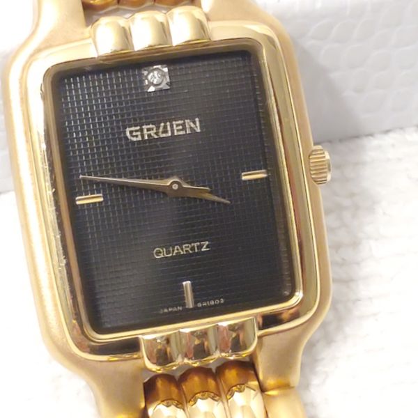 Vintage Gruen Men's Quartz Watch Diamond Black Dial Gold Tone Stainless ...
