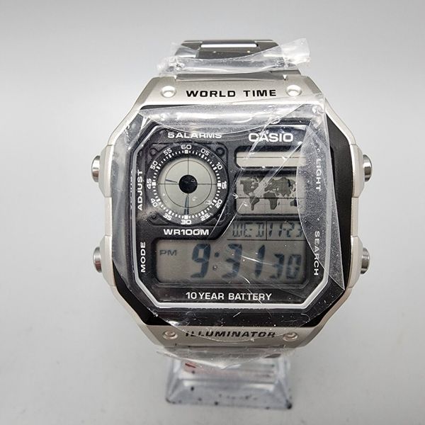 Casio World Time Watch Men SIlver Tone Digital Alarm Chrono 39mm AE ...