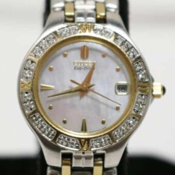 Ladies Citizen Eco-Drive Watch W/ Diamond 14K Gold Bezel MOP Dial E011 ...