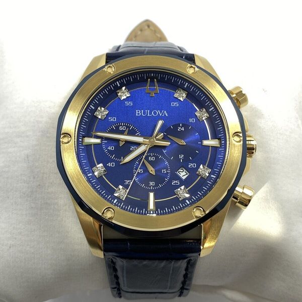 Bulova Chronograph Diamonds Quartz Blue Dial Leather Strap Men's Watch ...