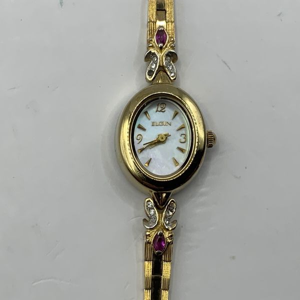 VINTAGE ELGIN RUBY & DIAMOND GOLD MOTHER OF PEARL LADIES QUARTZ WATCH ...