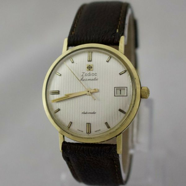 Vintage 14k Solid Gold Zodiac Hermetic Automatic Swiss Movement Mens ...